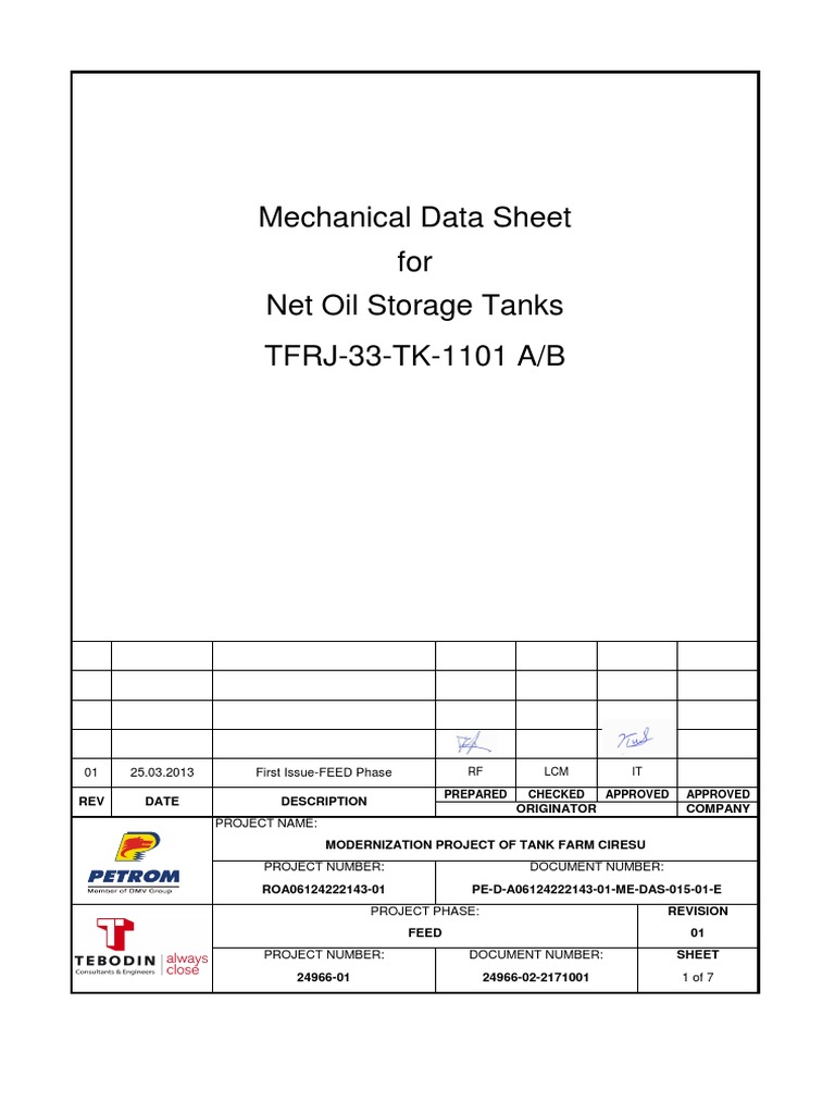 Mechanical Data for Oil Storage Tanks | PDF | Pipe (Fluid Conveyance ...