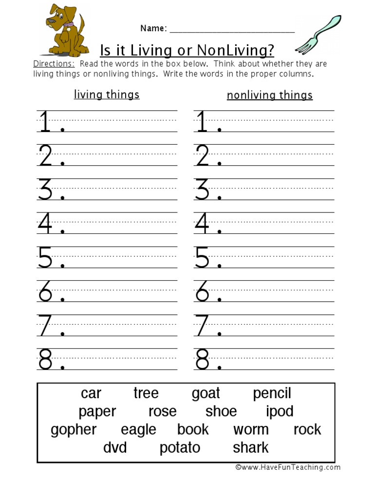 Worksheets - Science - Living and Nonliving Things - Living Non Living ...