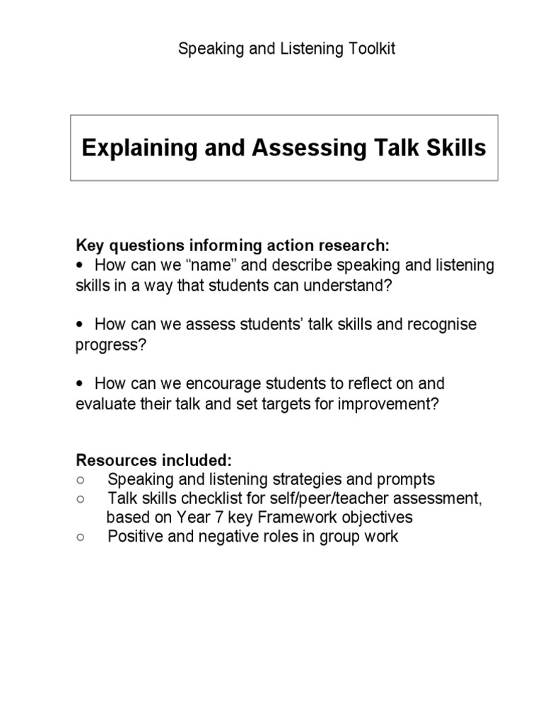 Speaking and Listening Toolkit | PDF | Educational Assessment ...