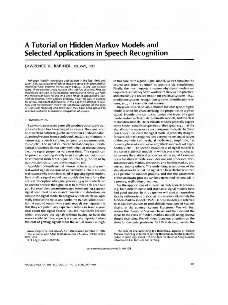 Rabiner - A Tutorial On Hidden Markov Models and Selected Applications ...