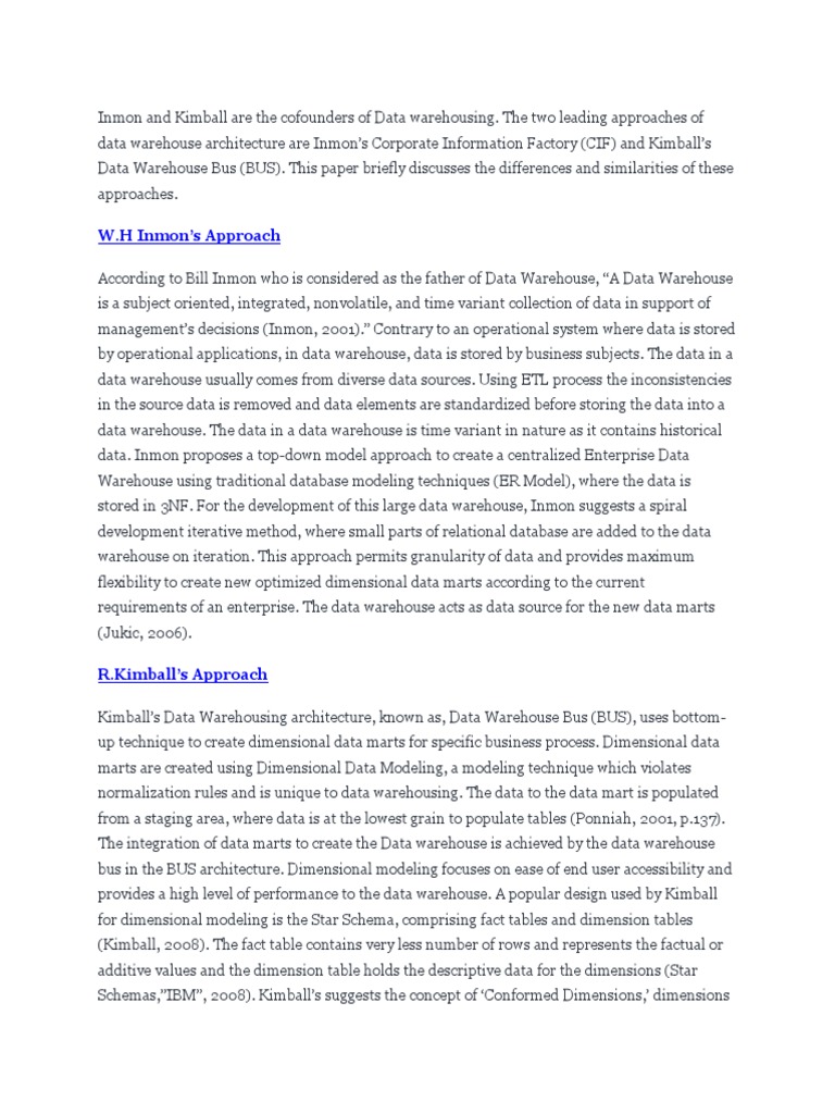 Inmon and Kimball Methodolgies of Data Warehousing | PDF | Data ...