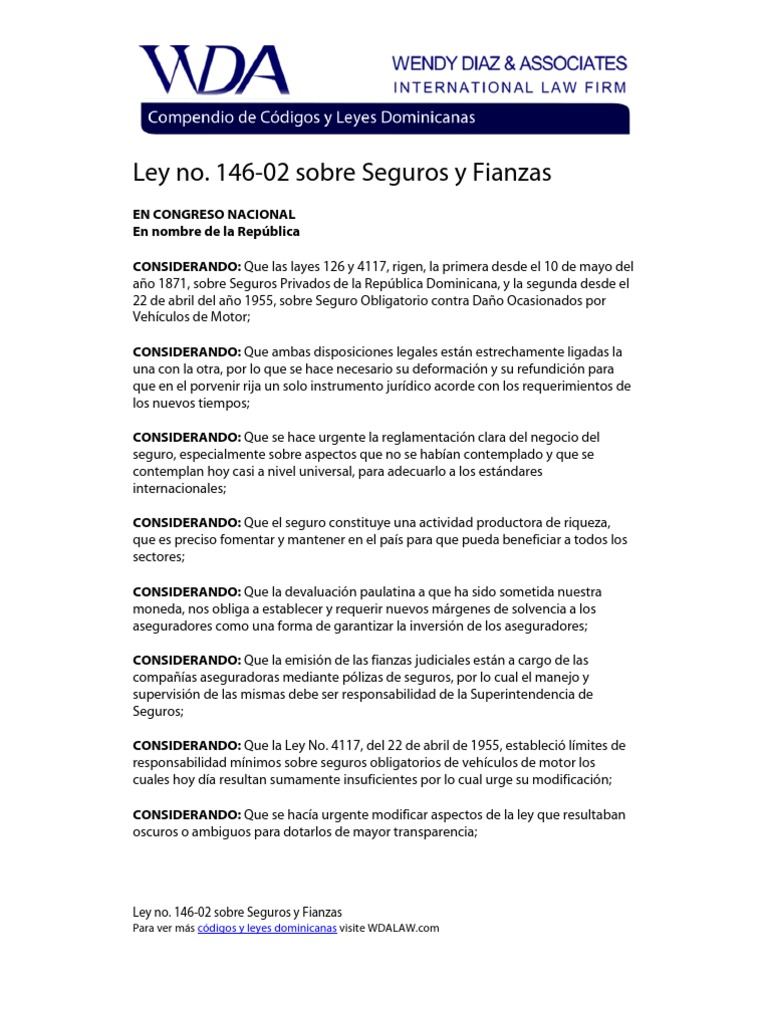 Ley No. 146-02 Sobre Seguros y Fianzas | PDF | Póliza de seguros | Reaseguro