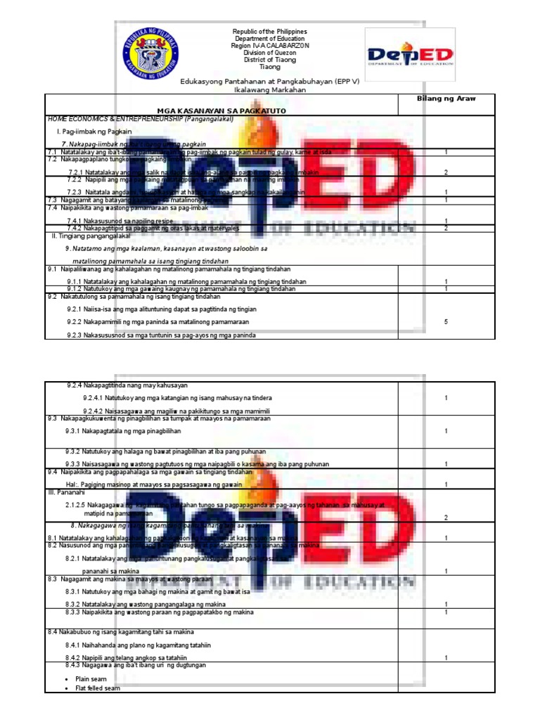 EPP V-Teaching Days and Table of Specification | PDF