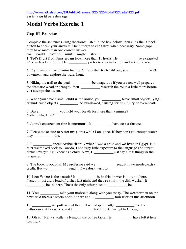 Modal Verbs Exercise 1 | PDF | Leisure