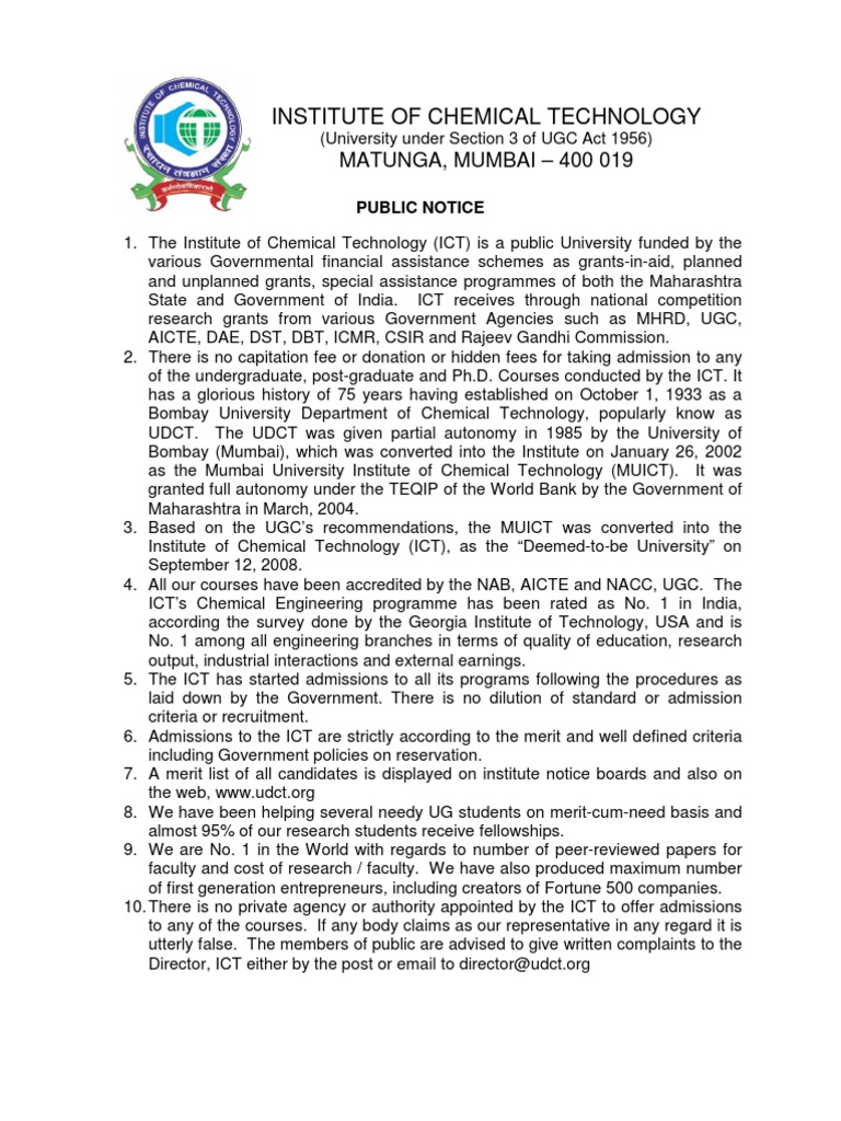 Institute of Chemical Technology | PDF | Academia | Behavior Modification