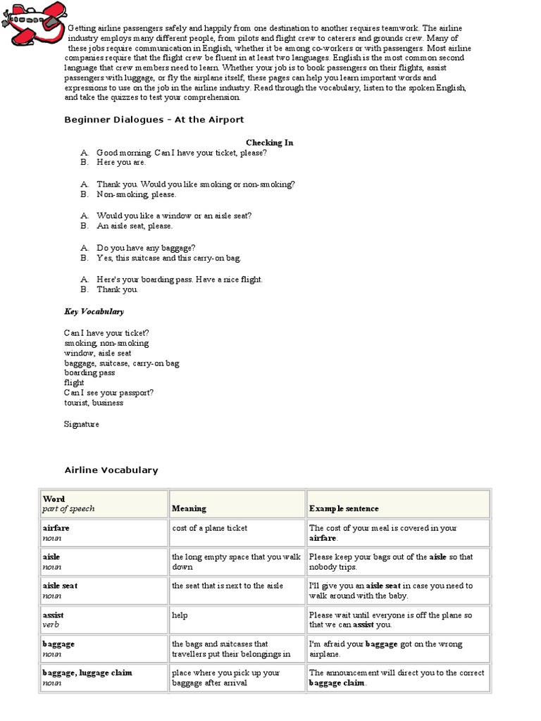 Beginner Dialogues - at The Airport Checking In: Key Vocabulary | PDF ...
