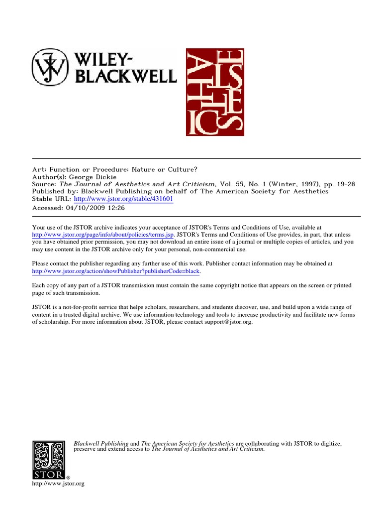 Dickie, George, Art, Function or Proceedure | PDF | Aesthetics | Theory