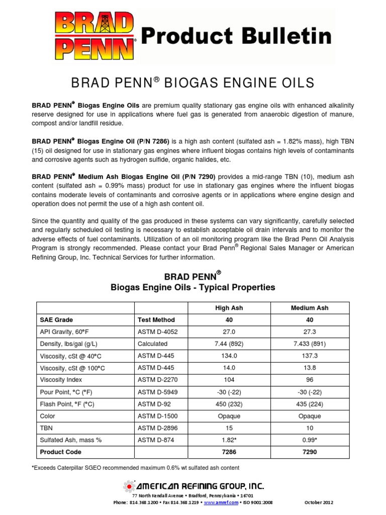 Brad Penn Biogas Engine Oils - Typical Properties | PDF