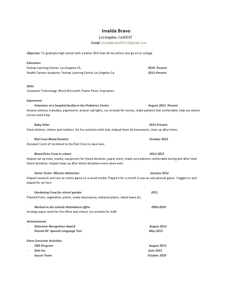 High School Resume of Imelda Bravo | PDF | Wellness