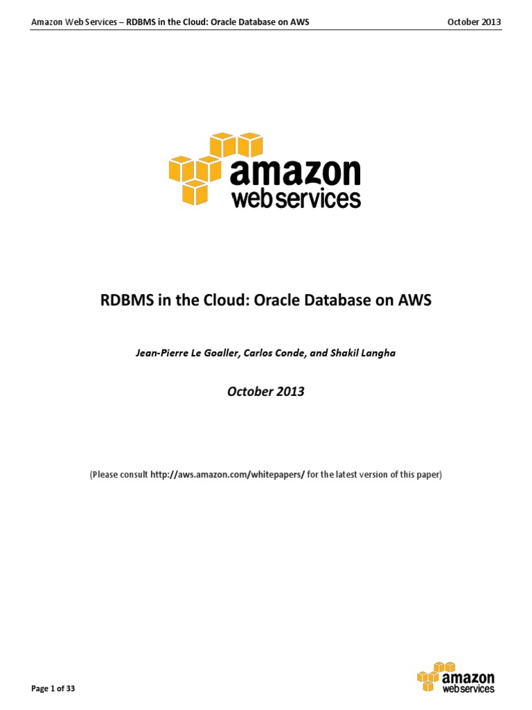 Rdbms In The Cloud Oracle Database On Aws October 2013 Pdf Oracle