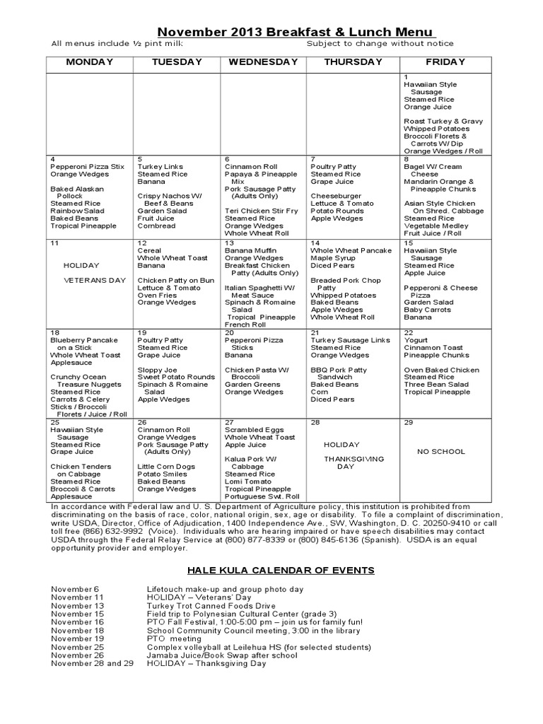 November 2013 School Menu & Events | PDF | Foods | Food And Drink