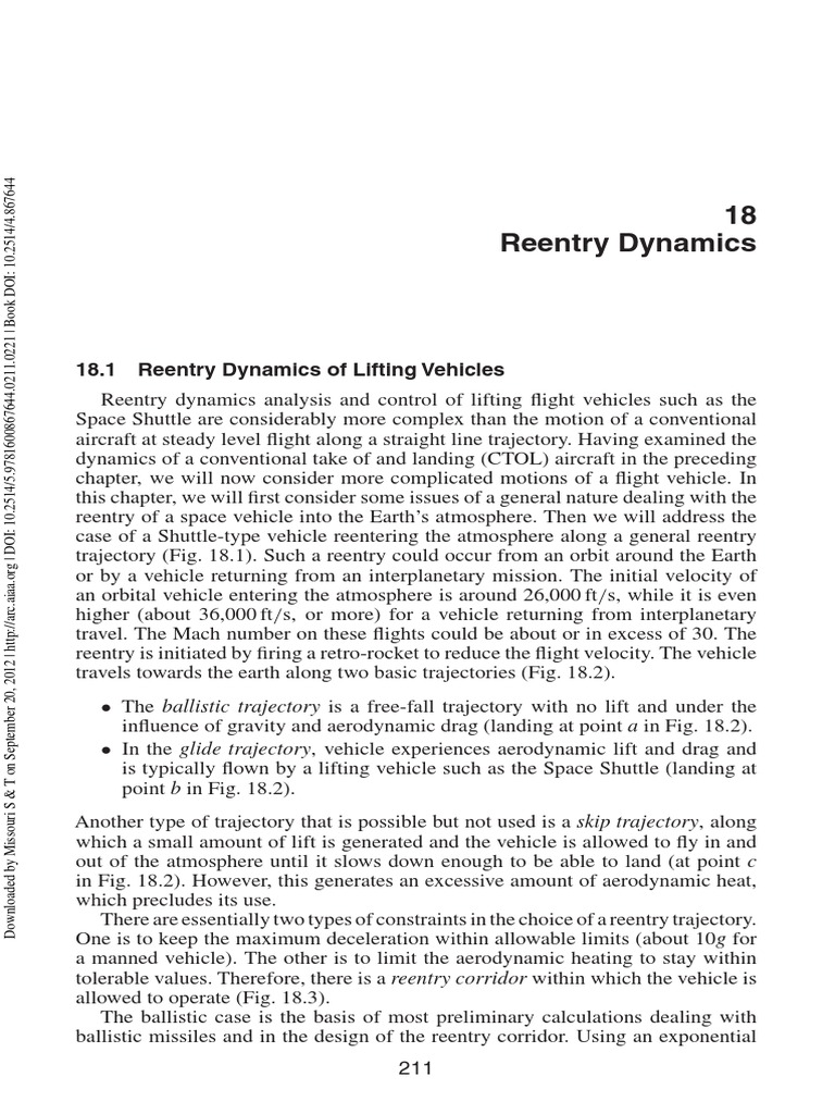 18.1 Reentry Dynamics of Lifting Vehicles | PDF | Atmospheric Entry ...