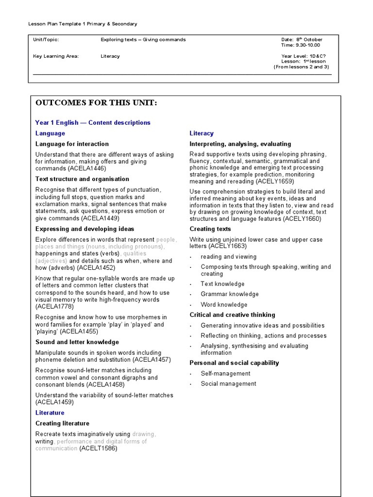 Year 1 Lesson Plan: Giving Commands | PDF | Communication | Human ...