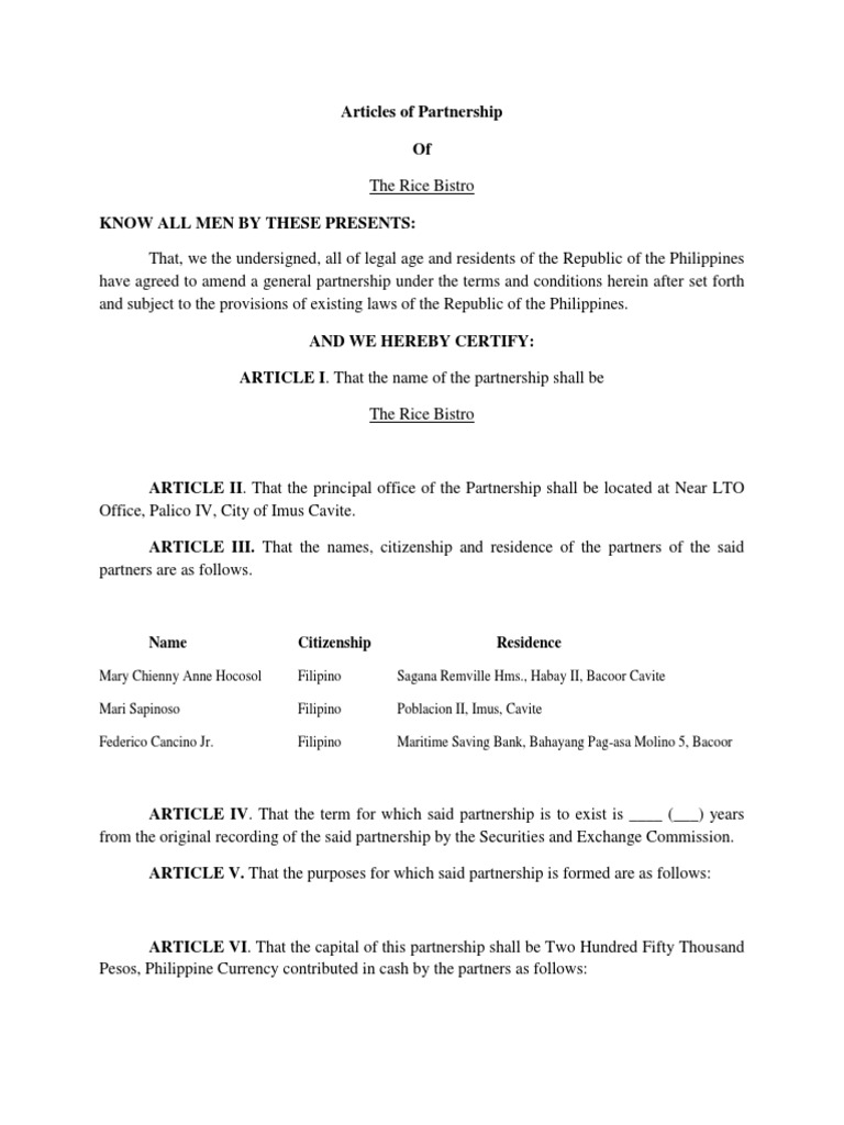 Articles of Partnership | PDF | Partnership | Philippines