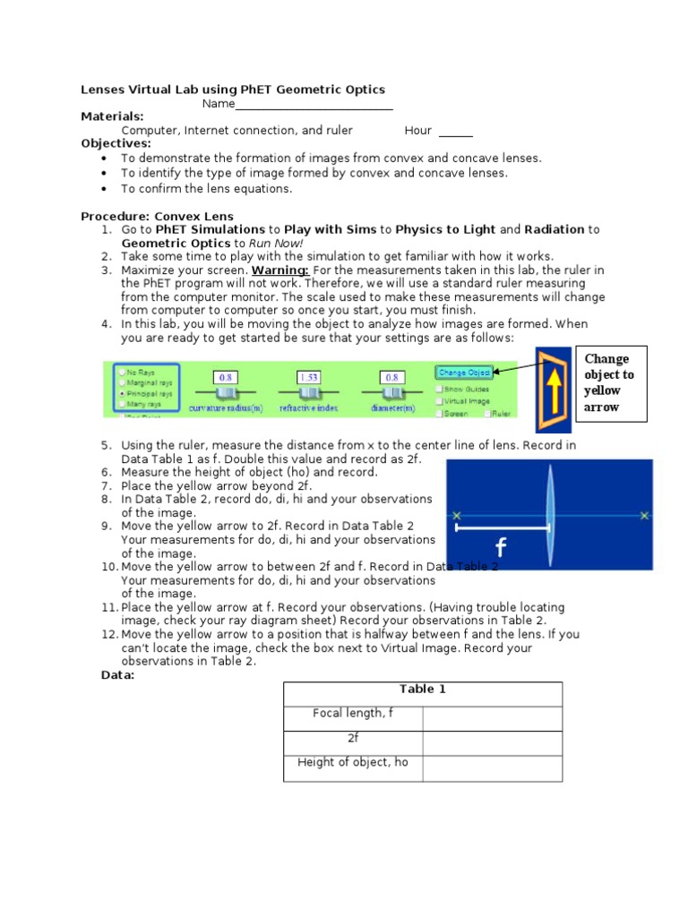 Lenses Virtual Lab Using Phet Geometric Optics Materials: Objectives ...