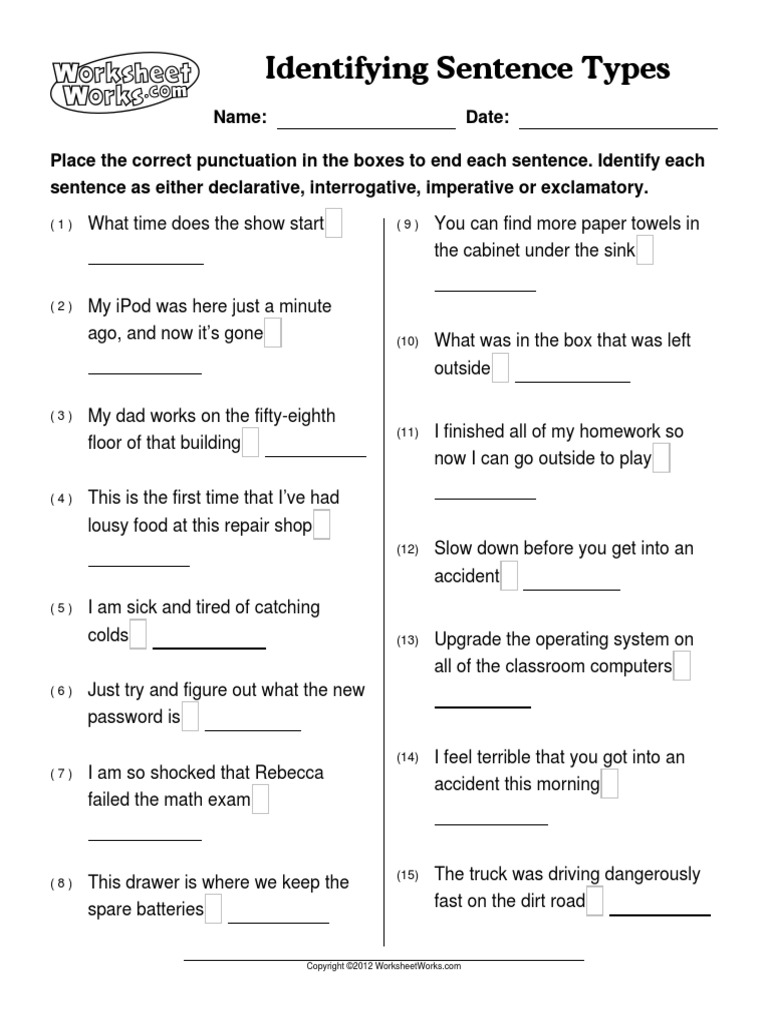 WorksheetWorks Identifying Sentence Types 1 PDF | PDF | Language Arts & Discipline