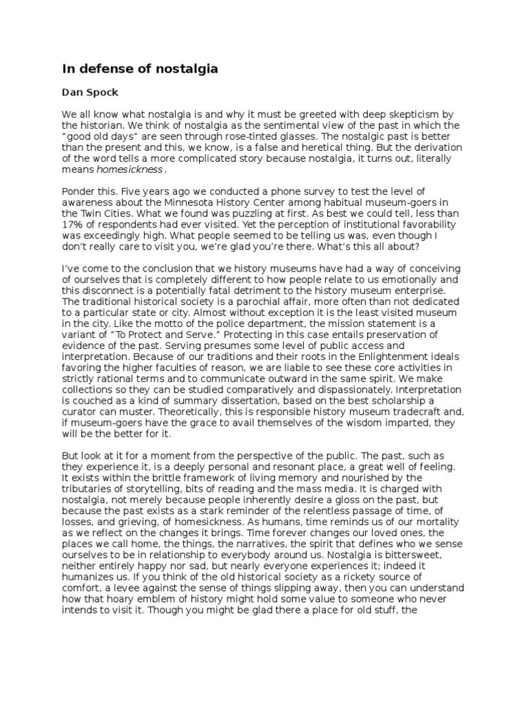 Dan Spock In Defense Of Nostalgia Pdf Nostalgia Museum