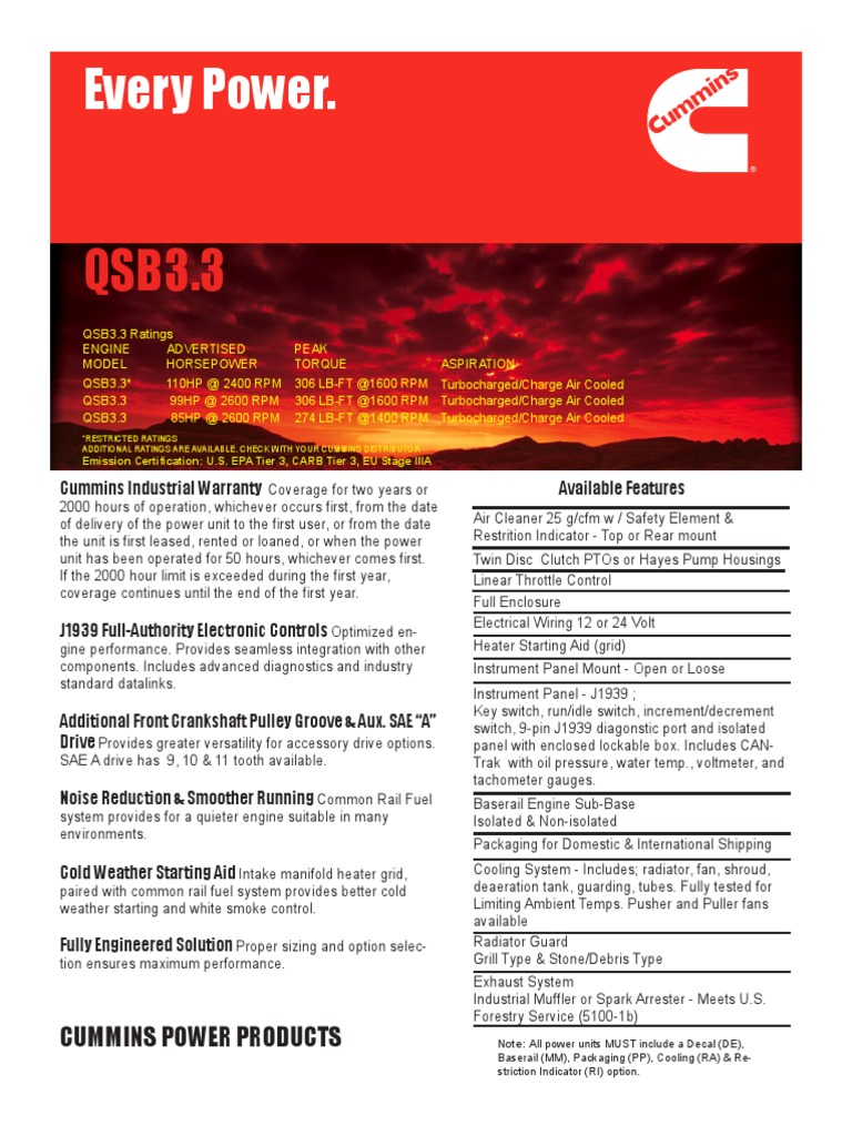 Cummins QSB3.3 Engine Specifications | PDF | Engines | Diesel Engine