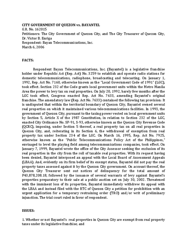 Quezon City vs. Bayantel: Tax Exemption Dispute | PDF | Injunction | Taxes