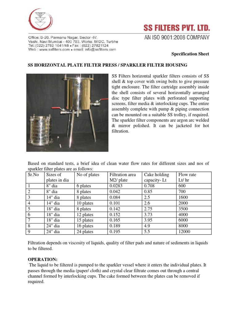 Sparkler Filter Press Specification Sheet | PDF | Filtration | Liquids