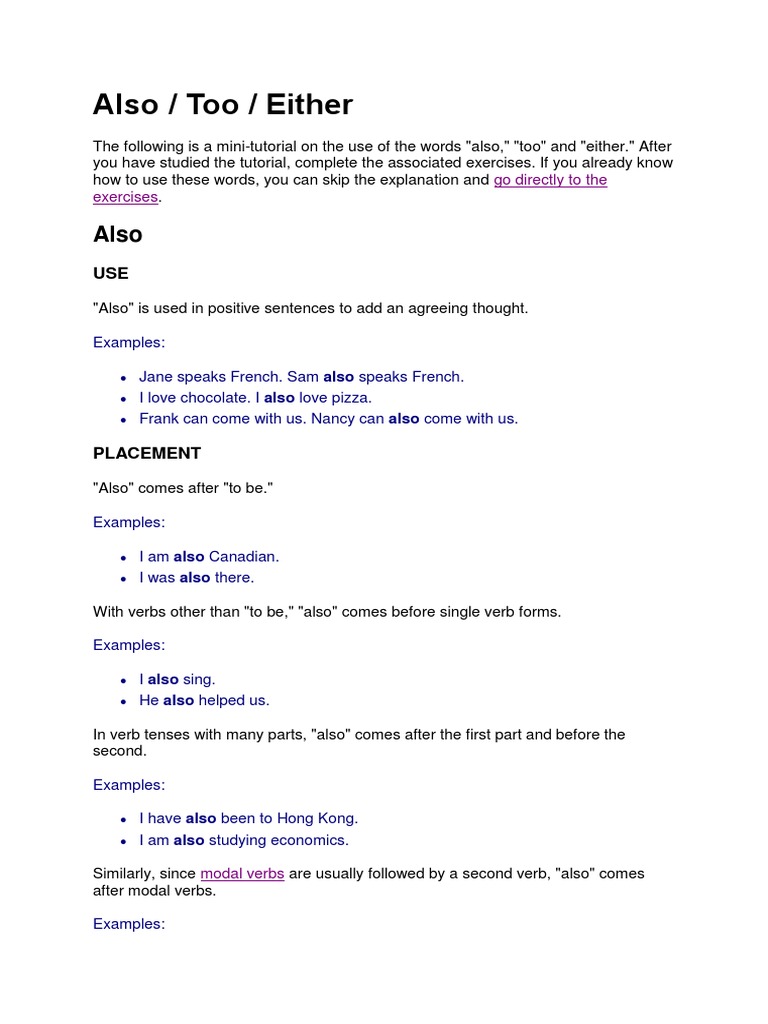Too, As Well, Also | PDF | Verb | Sentence (Linguistics)
