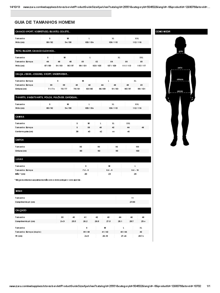 Guia de Tamanhos Masculinos Zara | PDF | Lazer | Esportes