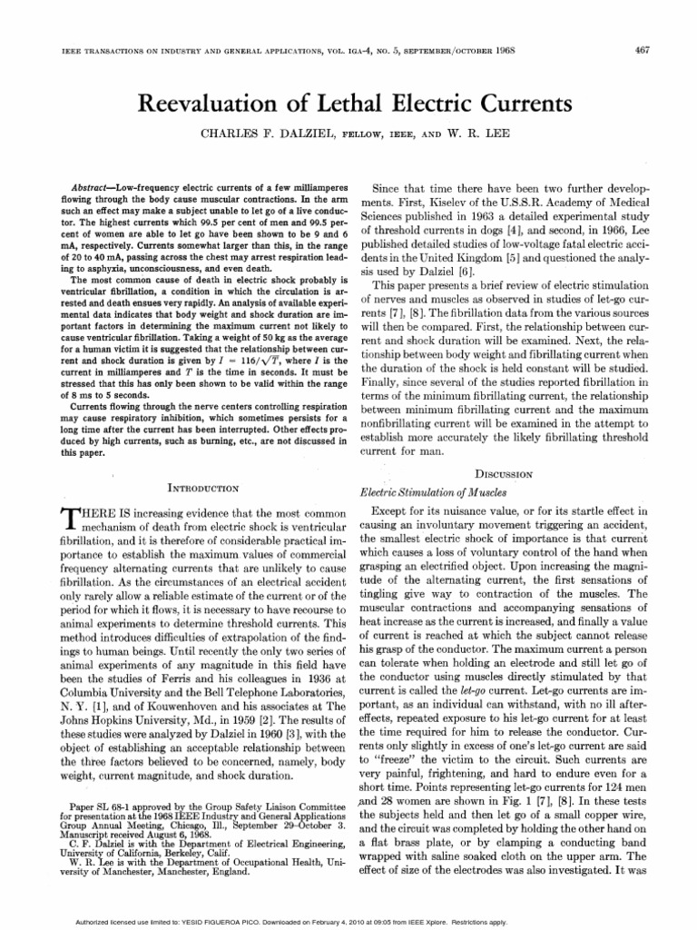 Reevaluation of Lethal Electric Currents | PDF | Electric Shock | Nature