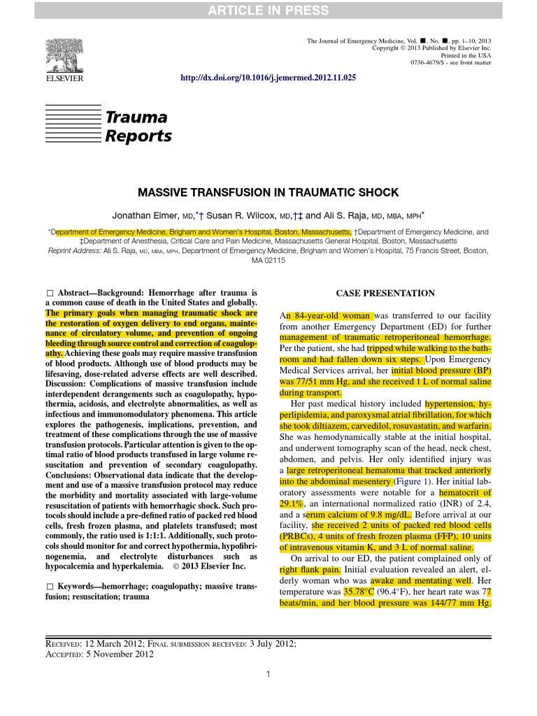 MASSIVE TRANSFUSION.pdf | Blood Transfusion | Major Trauma