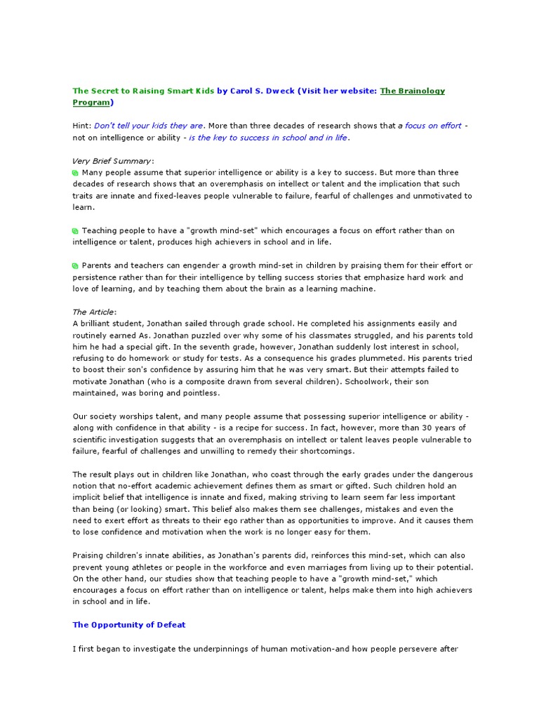 The Secret To Raising Smart Kids by Carol S | PDF | Mindset | Self Esteem