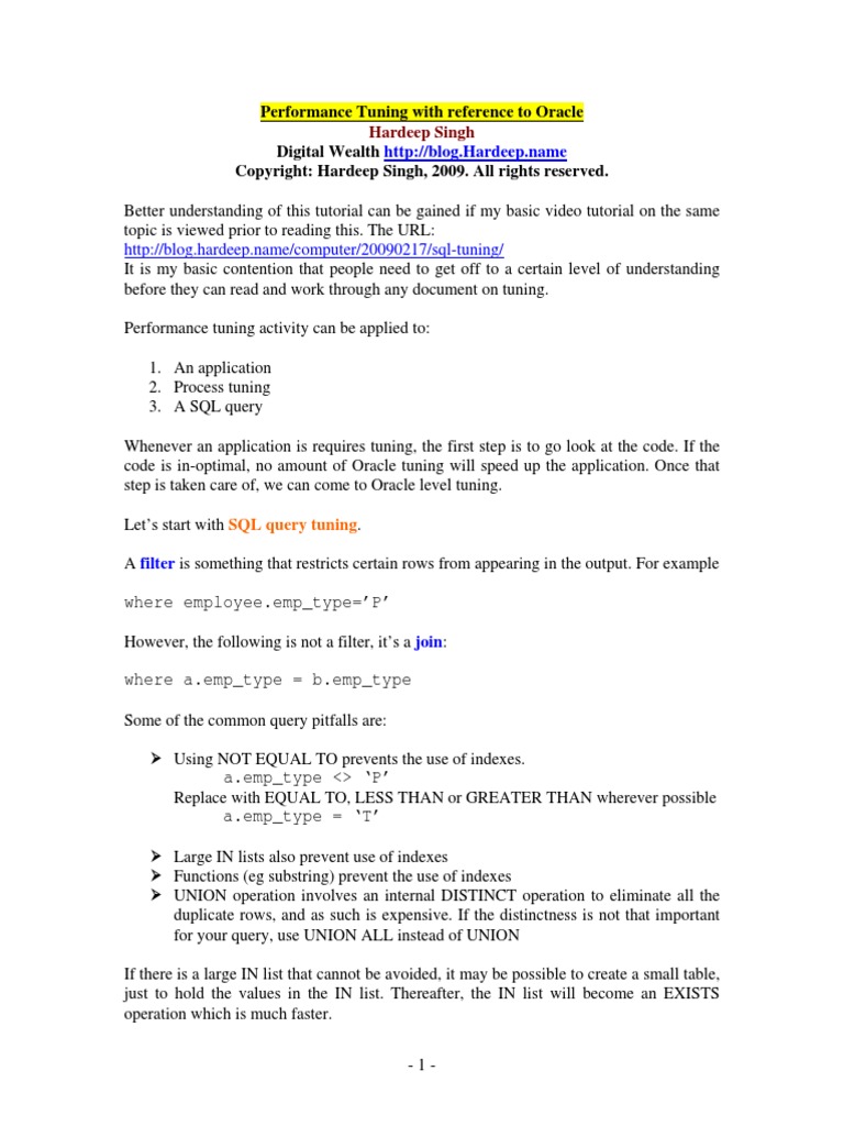 Performance Tuning Guide PDF | PDF | Database Index | Sql