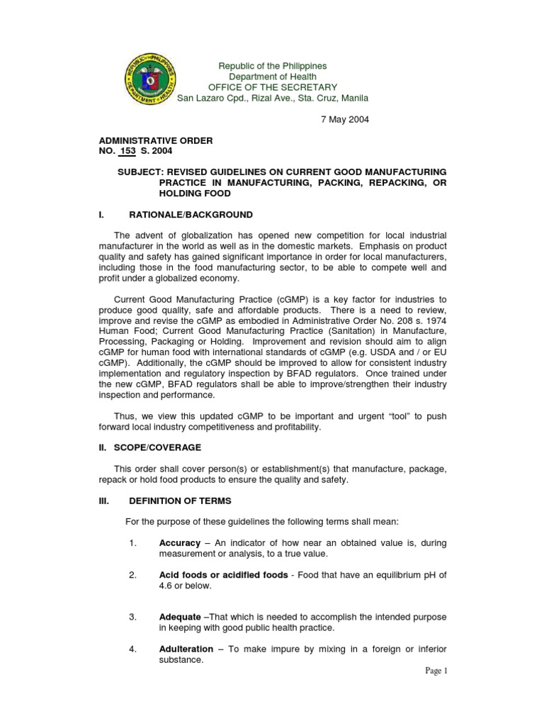 Doh Revised Guidelines On Current Good Manufacturing | PDF | Hygiene ...
