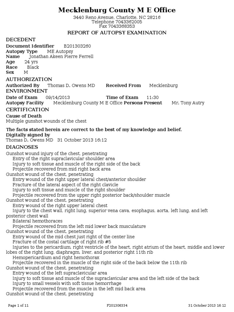 Autopsy Report For Jonathan Ferrell | PDF | Thorax | Lung