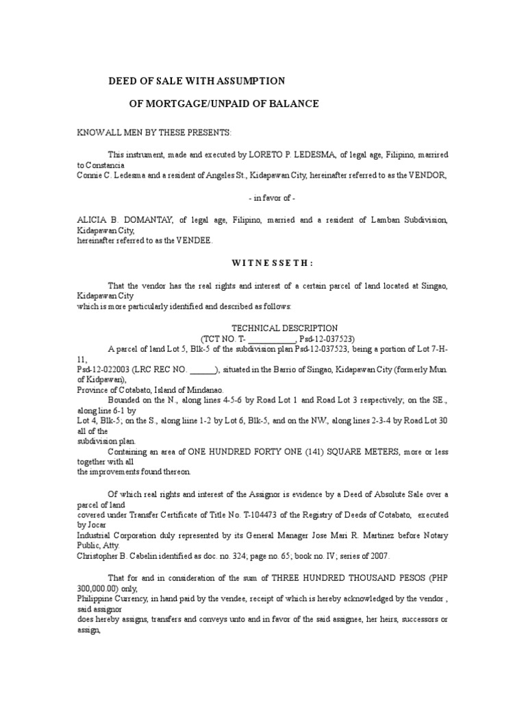 Deed of Sale with Mortgage Assumption | PDF | Foreign Language Studies