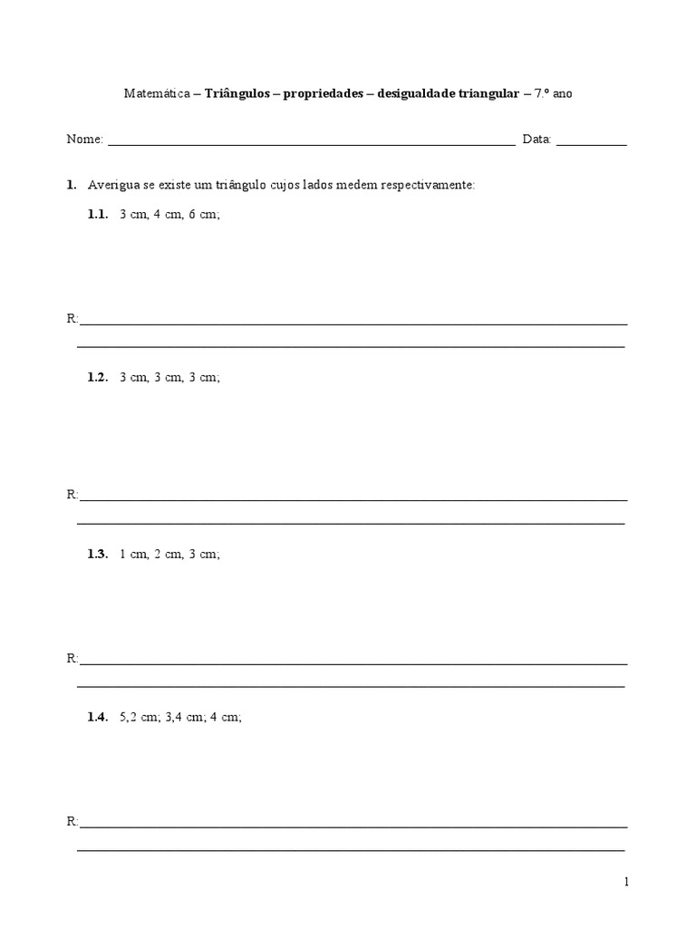 Triângulos - Propriedades - Desigualdade Triangular - Matemática - 7.º Ano | PDF