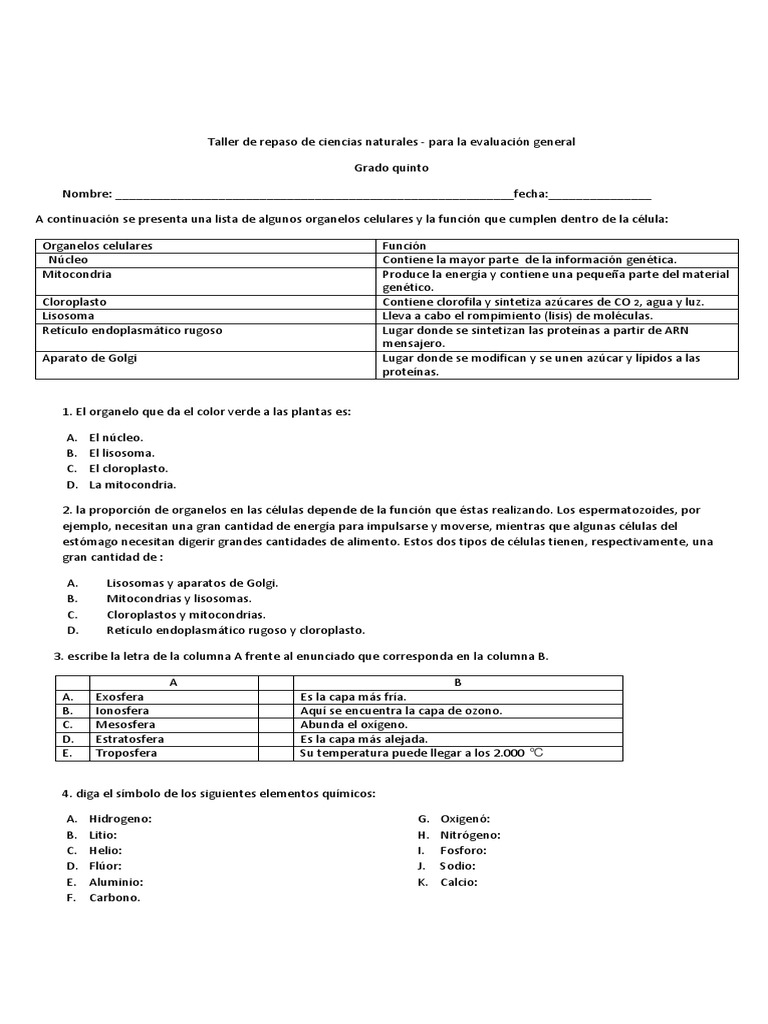 Taller de Repaso de Ciencias Naturales Grado Quinto 1-Nov-2013