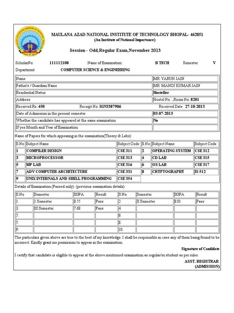 Student Examination Form for Computer Science and Engineering Courses ...