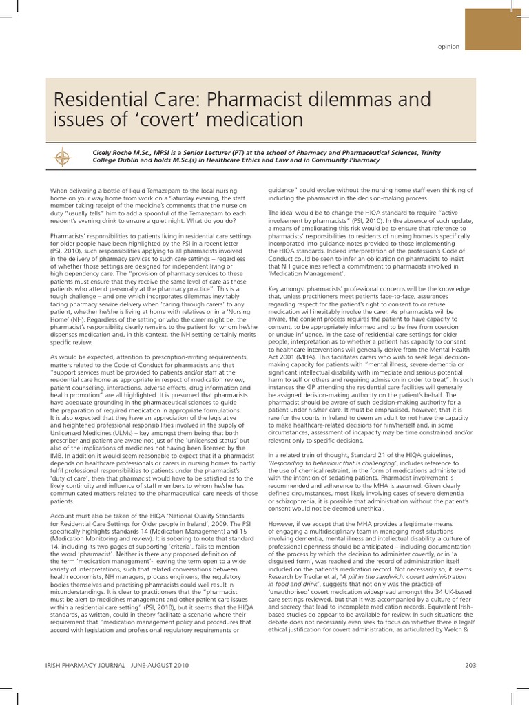 Residential Care Pharmacist Dilemmas and Issues of Covert' Medication ...