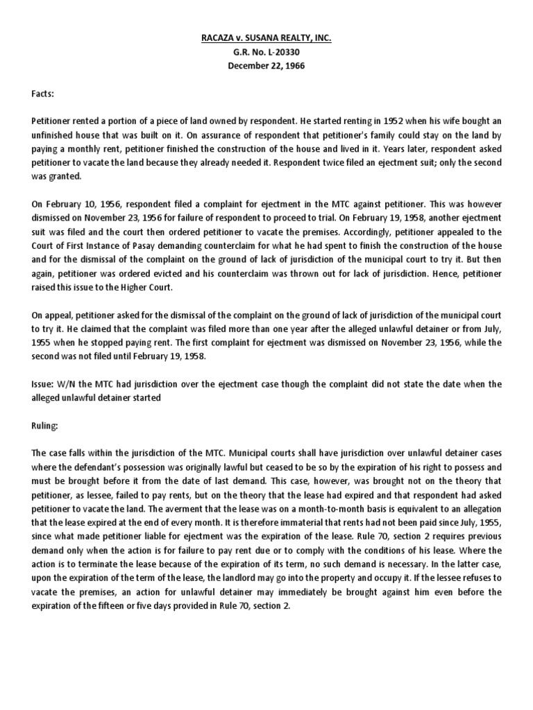 MTC Jurisdiction in Ejectment Cases | PDF | Eviction | Lease