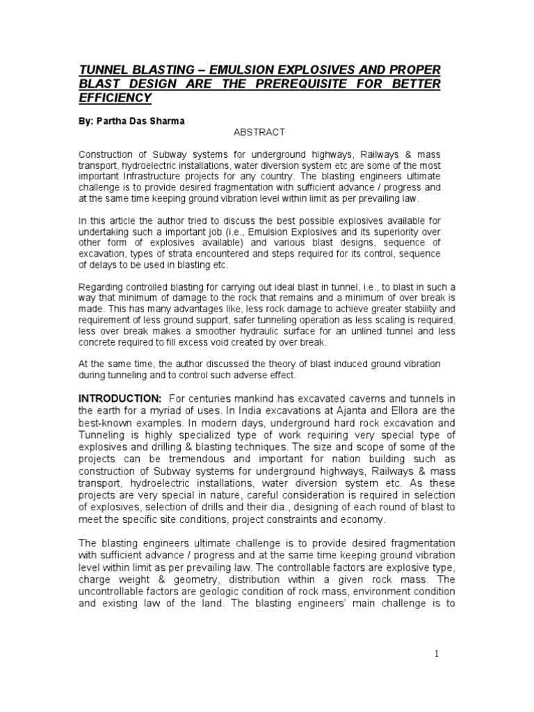 Tunnel Blasting - Emulsion Explosives and Proper Blast Design Are | PDF ...