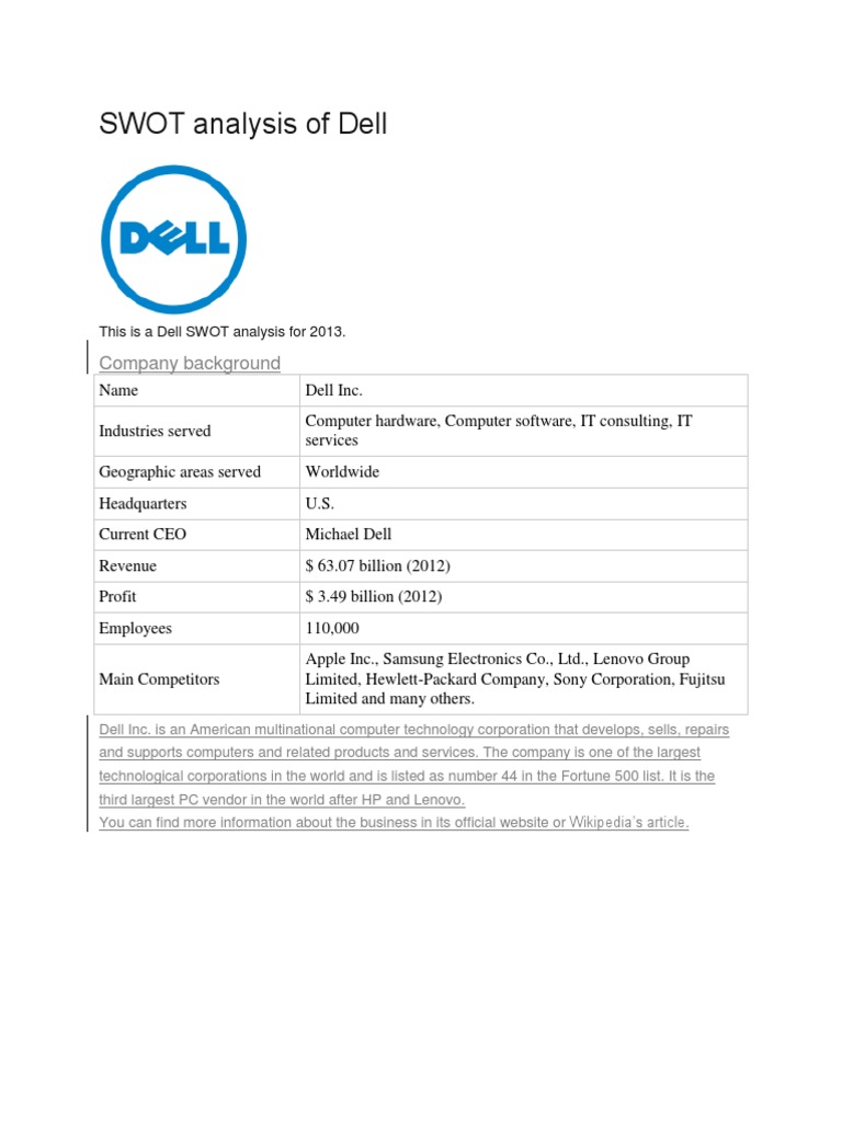SWOT Analysis of Dell | PDF | Dell | Hewlett Packard