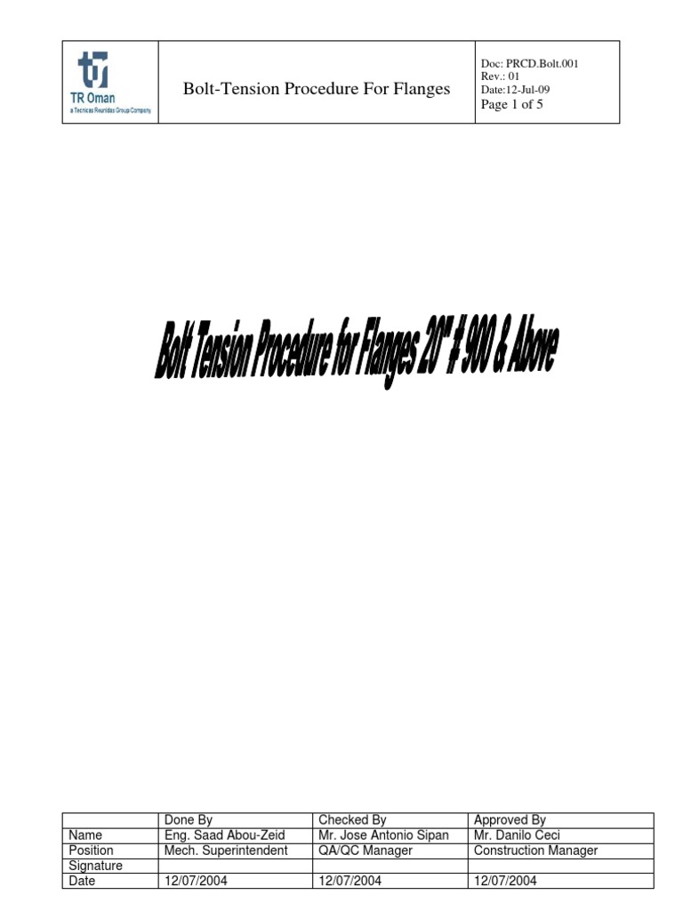 Bolt Torque Procedure | PDF | Nut (Hardware) | Screw