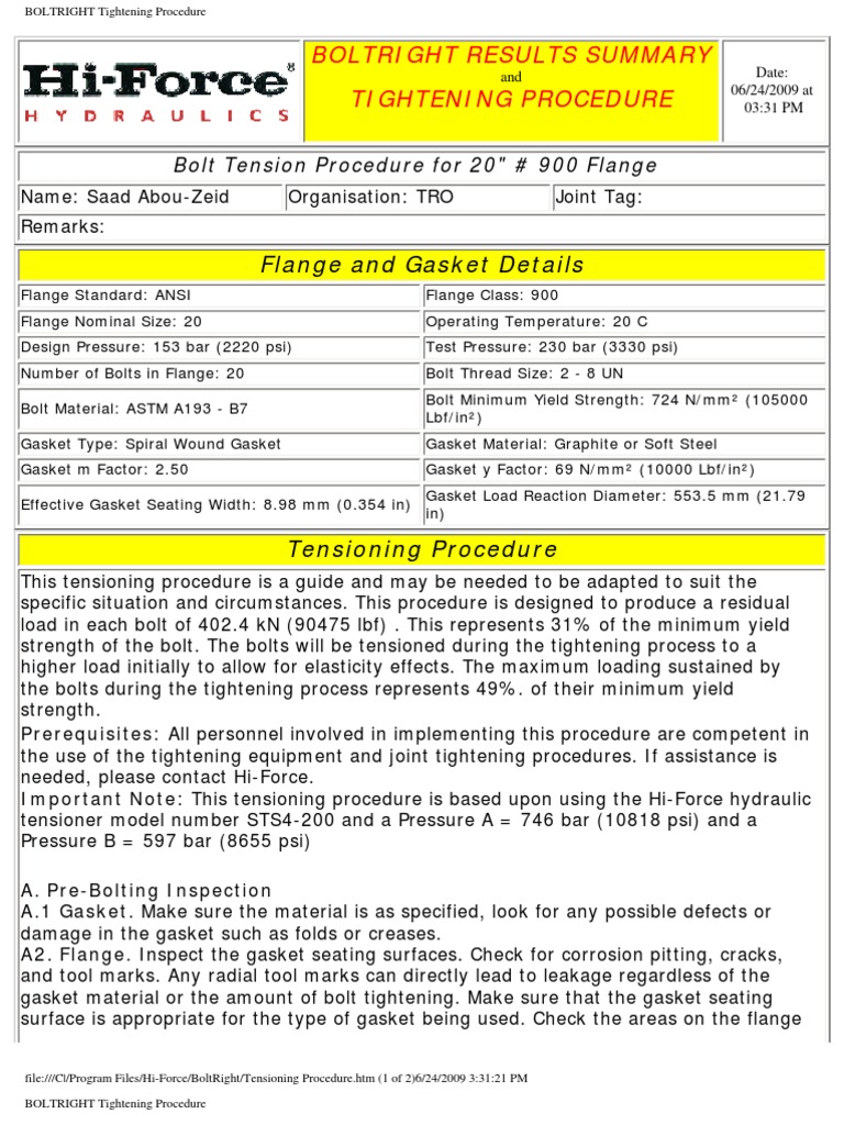 20" Flange Bolt Tension Guide | PDF | Metalworking | Screw
