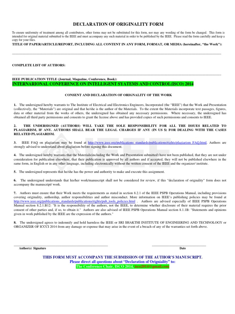 IEEE Originality Declaration Form | PDF | Institute Of Electrical And ...