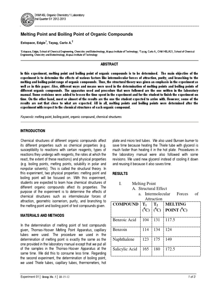 Melting and Boiling Points of Organics | PDF | Organic Chemistry ...