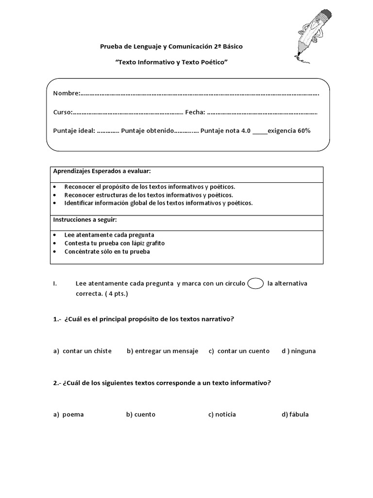 Prueba Texto Informativo y Poetico | PDF | Juegos y actividades