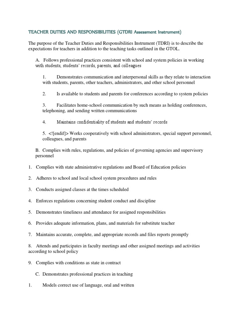 Teacher Duties and Responsibilities | PDF | Teachers | Secondary School