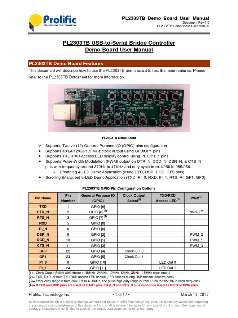 PL2303TB USB-to-Serial Bridge Controller Demo Board User Manual | PDF ...