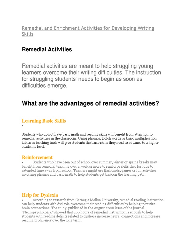 Remedial and Enrichment Writing Activities | PDF | Learning | Teachers