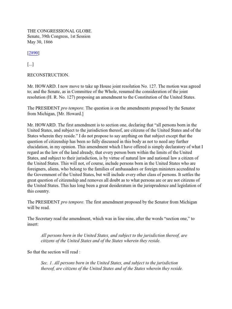 14th AMENDMENT DEBATE Citizenship Clause May 30 1866 PDF | Citizenship ...