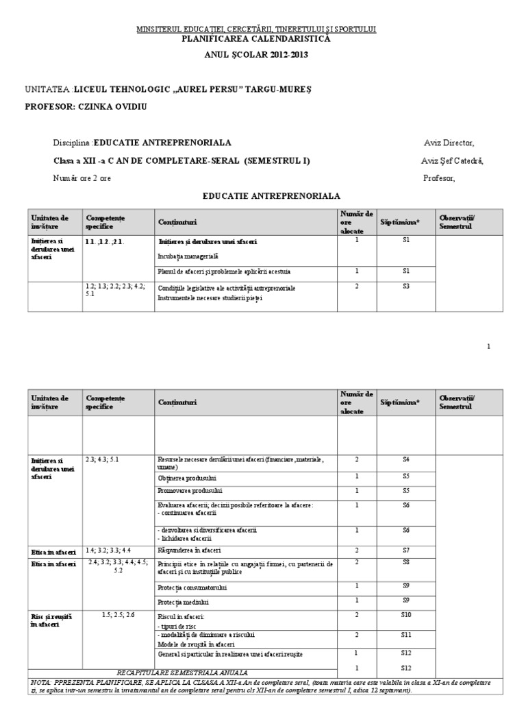 Planificare Ed. Antreprenoriala Cls. A X.A | PDF